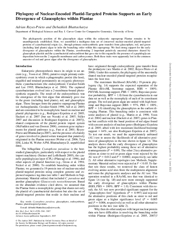 (PDF) Phylogeny of Nuclear-Encoded Plastid-Targeted Proteins Supports ...