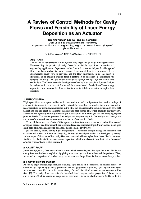 (PDF) A Review of Control Methods for Cavity Flows and Feasibility of ...