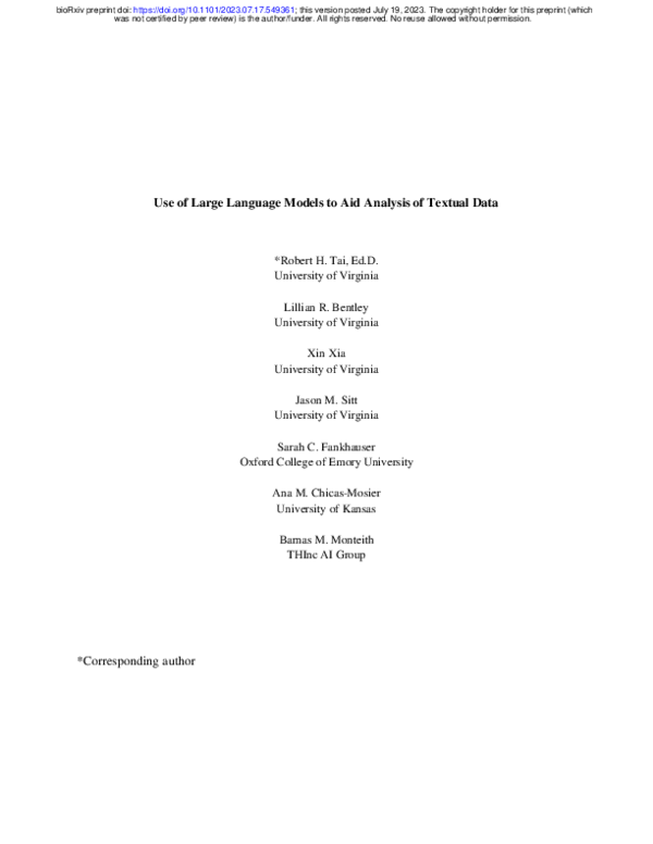 (PDF) Use of Large Language Models to Aid Analysis of Textual Data