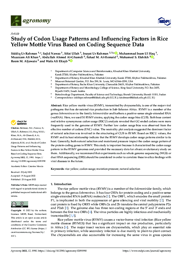 (PDF) Study of Codon Usage Patterns and Influencing Factors in Rice Yellow Mottle Virus Based on ...