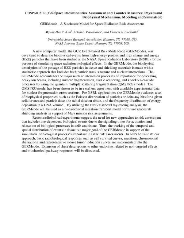 (PDF) GERMcode: A Stochastic Model for Space Radiation Risk Assessment
