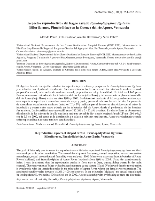 (PDF) Aspectos reproductivos del bagre rayado Pseudoplatystoma tigrinum ...
