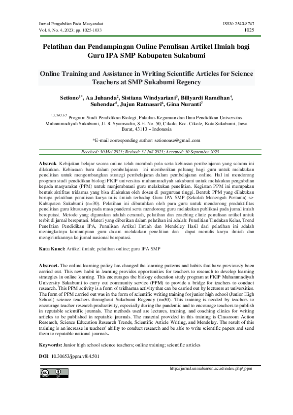 (PDF) Pelatihan dan Pendampingan Online Penulisan Artikel Ilmiah bagi Guru IPA SMP Kabupaten ...