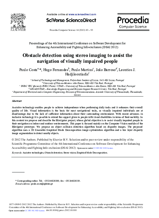 Pdf Obstacle Detection Using Stereo Imaging To Assist The Navigation