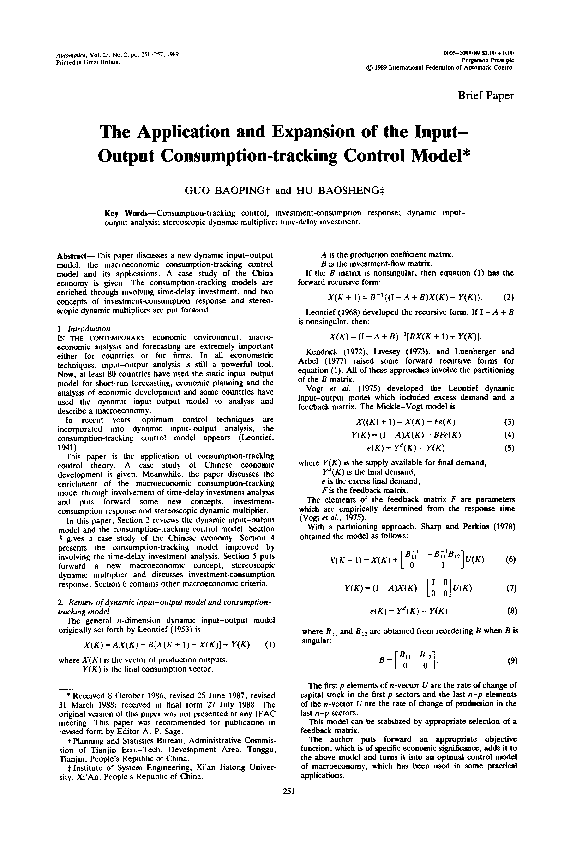 (PDF) The application and expansion of the input-output consumption-tracking control model