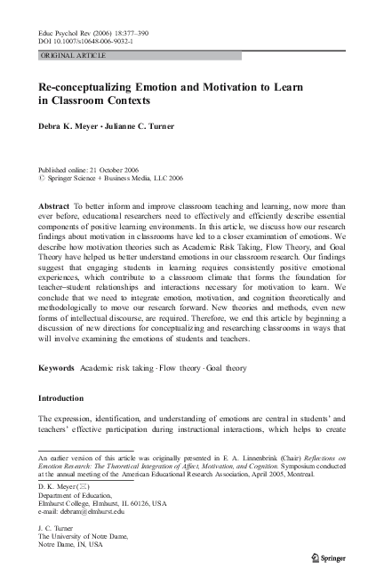 (PDF) Re-conceptualizing Emotion and Motivation to Learn in Classroom ...