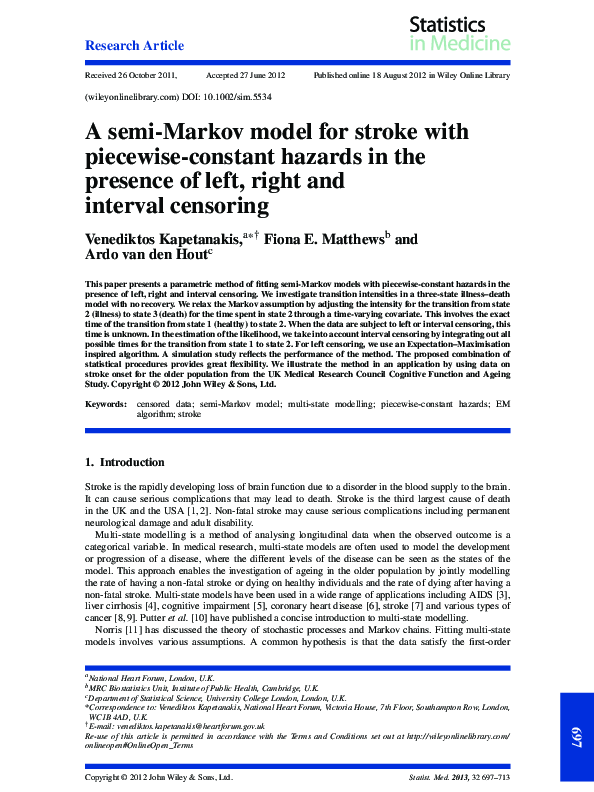 (PDF) A semi‐Markov model for stroke with piecewise‐constant hazards in the presence of left ...