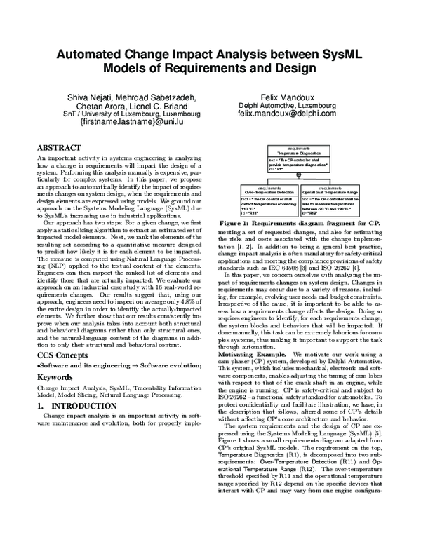 (PDF) Automated change impact analysis between SysML models of requirements and design