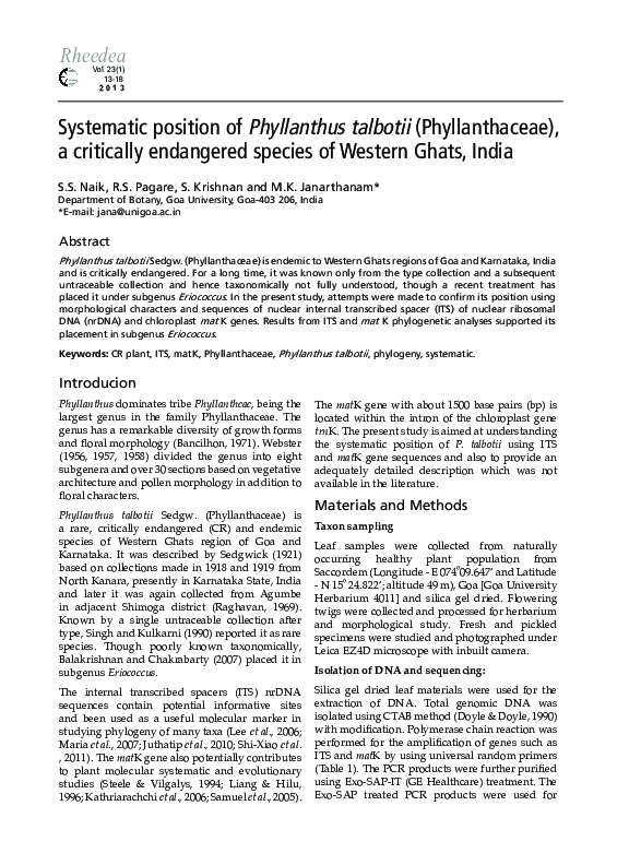 (PDF) Systematic position of Phyllanthus talbotii (Phyllanthaceae), a ...