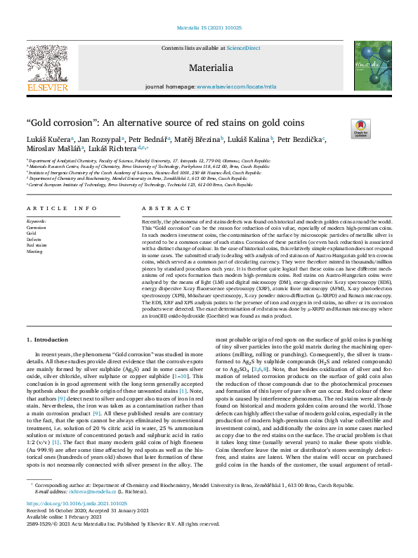 (PDF) "Gold corrosion ": An alternative source of red stains on gold coins