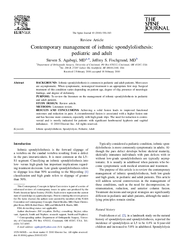 (PDF) Contemporary management of isthmic spondylolisthesis: pediatric ...