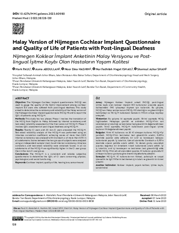 (PDF) Malay Version of Nijmegen Cochlear Implant Questionnaire and ...