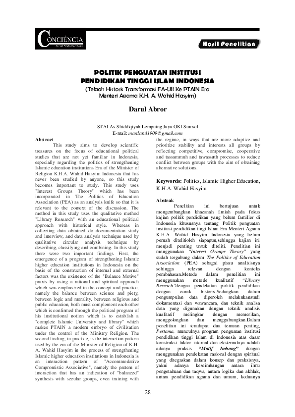 (PDF) Politik Penguatan Institusi Pendidikan Tinggi Islam Indonesia