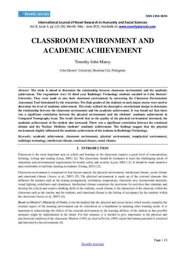 (PDF) Classroom Environment and Academic Achievement