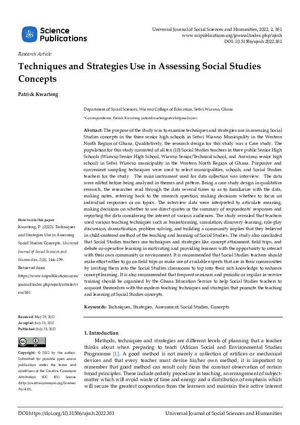 (PDF) Techniques and Strategies Use in Assessing Social Studies Concepts