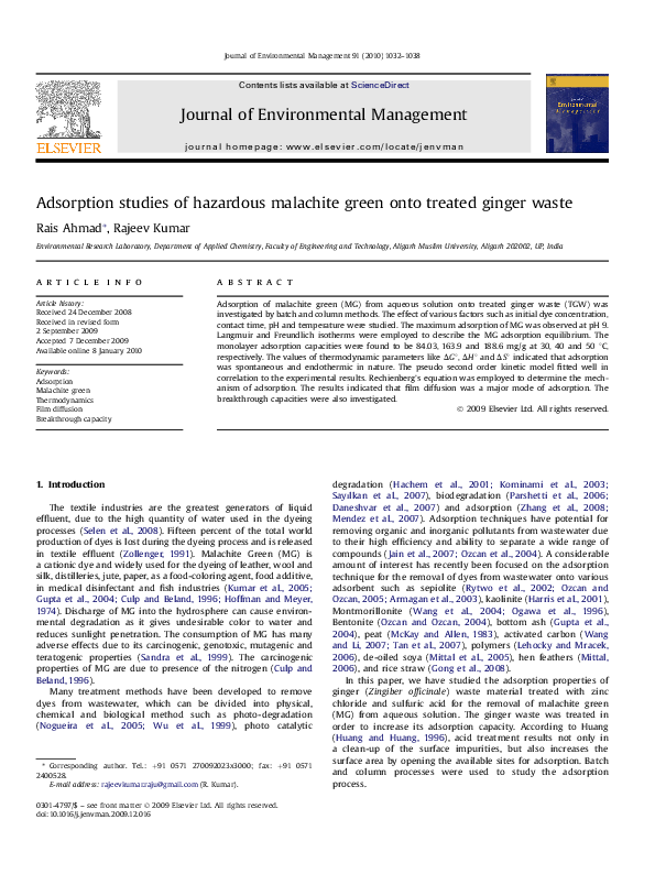 (PDF) Adsorption studies of hazardous malachite green onto treated ginger waste