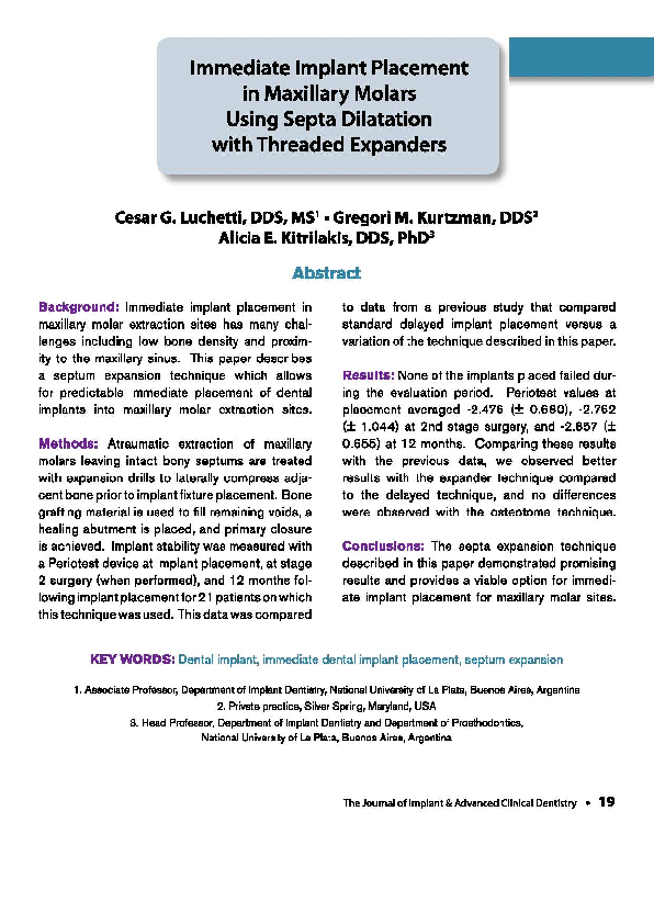 (PDF) lmmediate lmplant Placement in Maxillary Molars Using Septa ...
