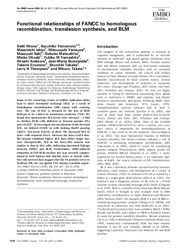 (PDF) Functional relationships of FANCC to homologous recombination ...