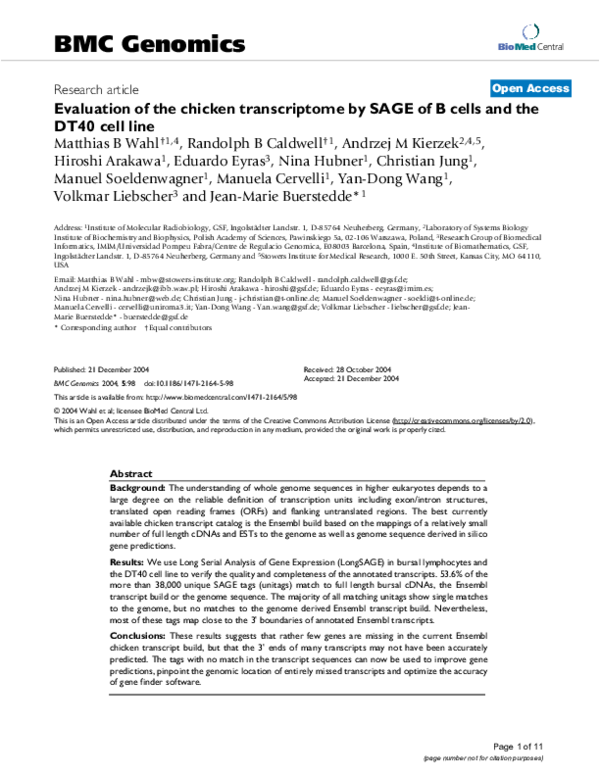(PDF) Evaluation of the chicken transcriptome by SAGE of B cells and ...