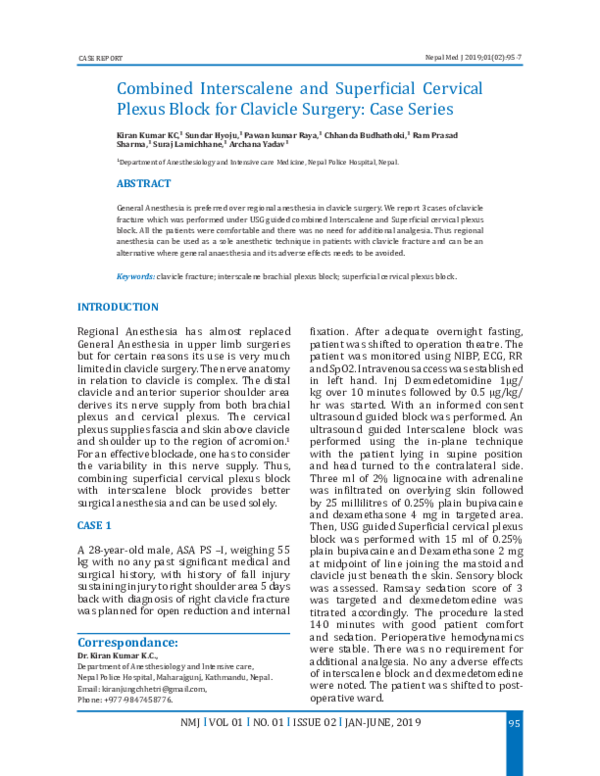 (PDF) Combined Interscalene and Superficial Cervical Plexus Block for Clavicle Surgery: Case Series