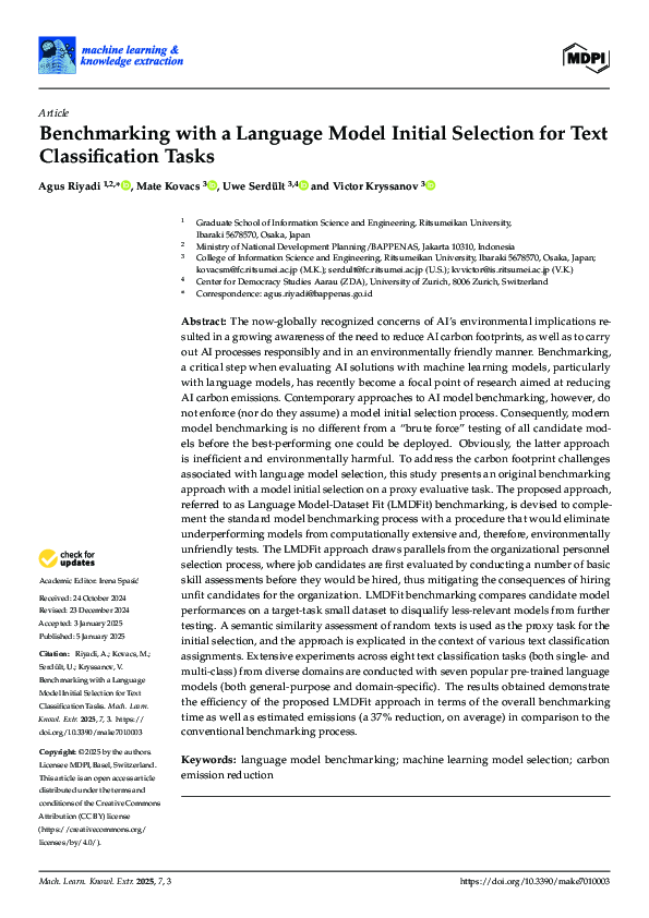 (PDF) Benchmarking with a Language Model Initial Selection for Text Classification Tasks