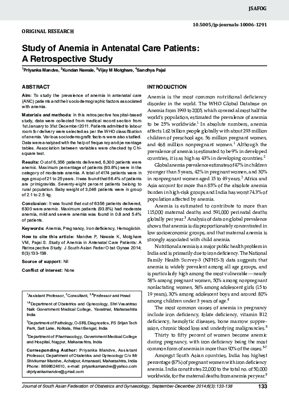 (PDF) Study of Anemia in Antenatal Care Patients: A Retrospective Study