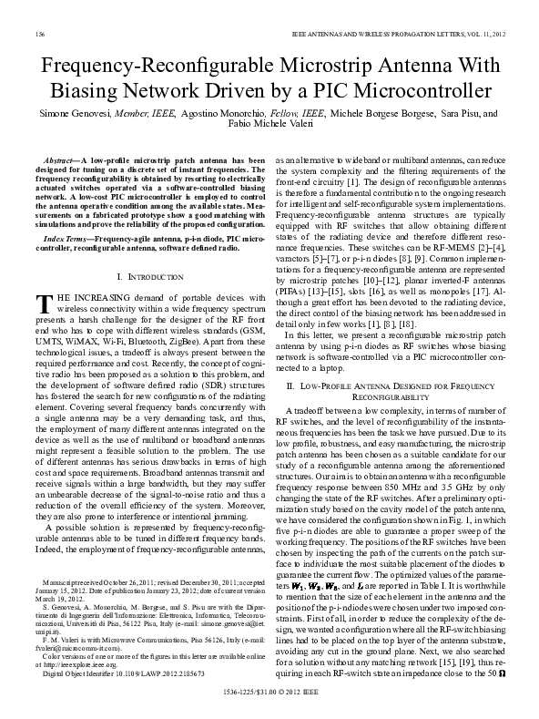 Pdf Frequency Reconfigurable Microstrip Antenna With Biasing Network Driven By A Pic