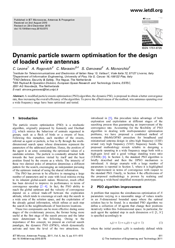(PDF) Dynamic particle swarm optimisation for the design of loaded wire antennas