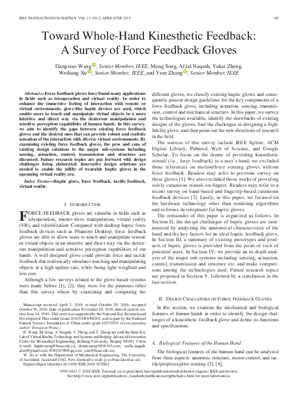 (PDF) Toward Whole-Hand Kinesthetic Feedback: A Survey of Force ...