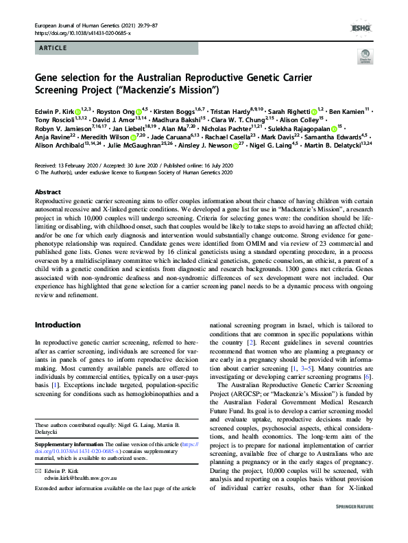 (PDF) Gene selection for the Australian Reproductive Genetic Carrier ...