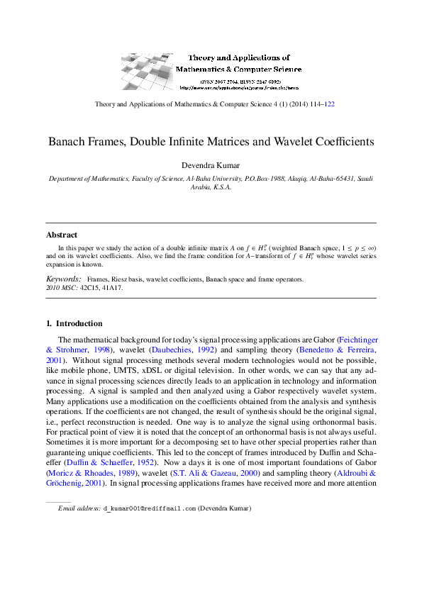 (PDF) Banach frames, double infinite matrices and wavelet coefficients