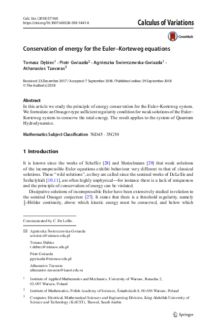 Pdf Conservation Of Energy For The Euler Korteweg Equations