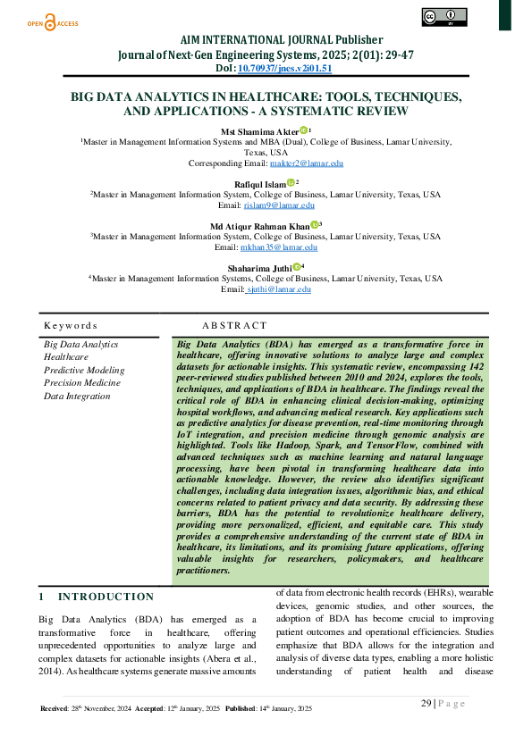 (PDF) BIG DATA ANALYTICS IN HEALTHCARE: TOOLS, TECHNIQUES, AND APPLICATIONS -A SYSTEMATIC REVIEW