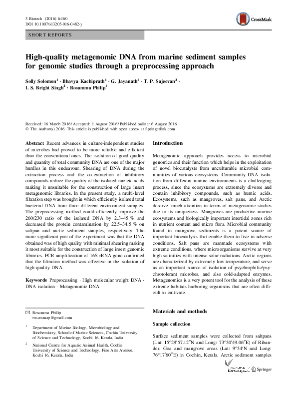 (PDF) High-quality metagenomic DNA from marine sediment samples for ...
