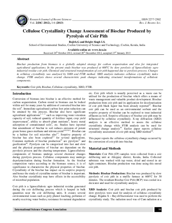 (PDF) Cellulose Crystallinity Change Assessment of Biochar Produced by ...