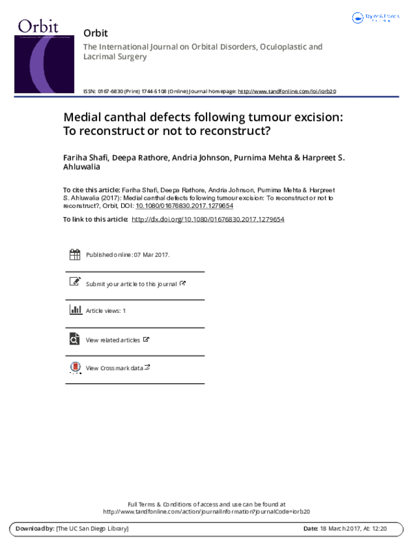 (PDF) Medial canthal defects following tumour excision: To reconstruct or not to reconstruct?