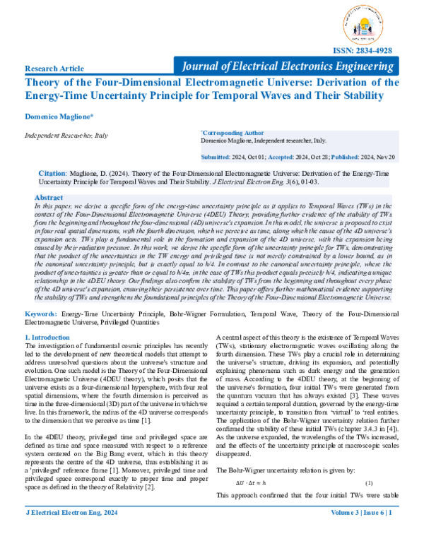 Pdf Theory Of The Four Dimensional Electromagnetic Universe Derivation Of The Energy Time