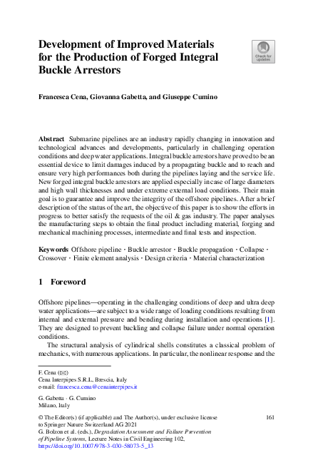 (PDF) Development of Improved Materials for the Production of Forged Integral Buckle Arrestors