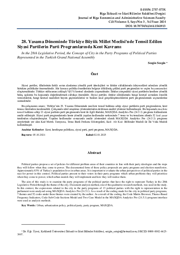 (PDF) 28. Yasama Döneminde Türkiye Büyük Millet Meclisi'nde Temsil ...