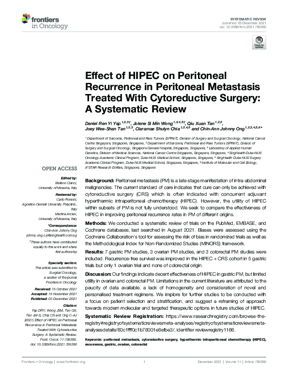 (PDF) Effect of HIPEC on Peritoneal Recurrence in Peritoneal Metastasis ...