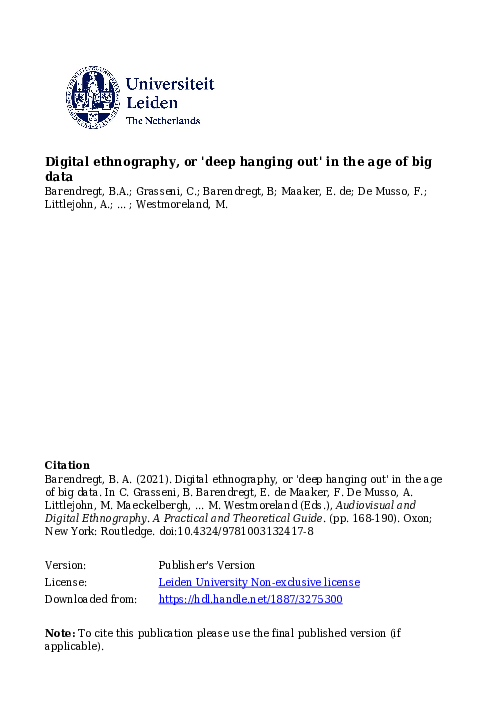 (PDF) Digital ethnography, or ‘deep hanging out’ in the age of big data
