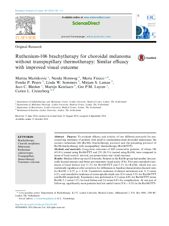 (PDF) Ruthenium-106 brachytherapy for choroidal melanoma without transpupillary thermotherapy ...