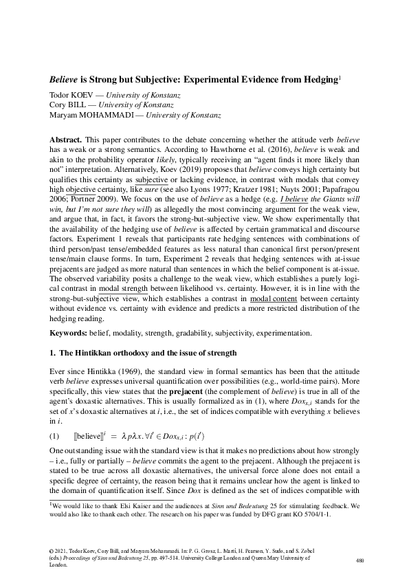 (PDF) Believe' is Strong but Subjective: Experimental Evidence from Hedging