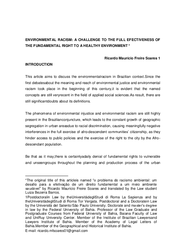 (PDF) ENVIRONMENTAL RACISM: A CHALLENGE TO THE FULL EFECTIVENESS OF THE ...