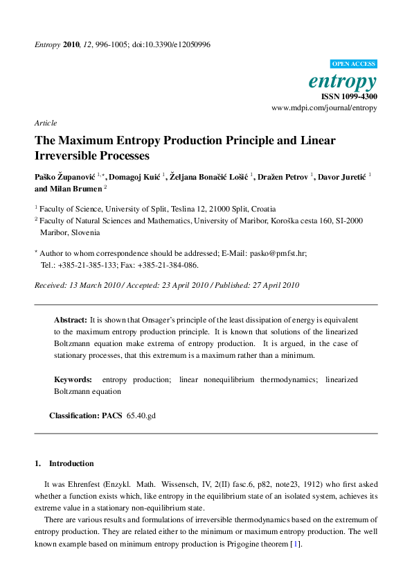 (PDF) The Maximum Entropy Production Principle and Linear Irreversible ...