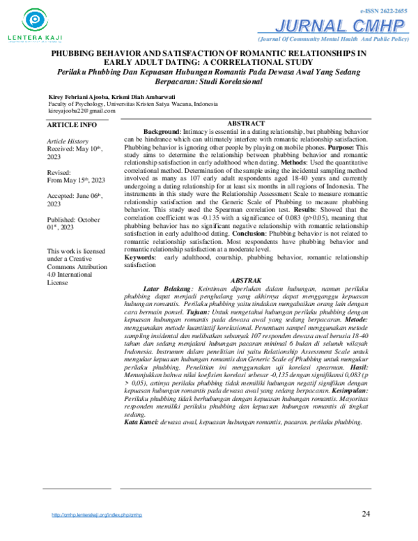 (PDF) Phubbing Behavior and Satisfaction of Romantic Relationships in Early Adult Dating: A ...