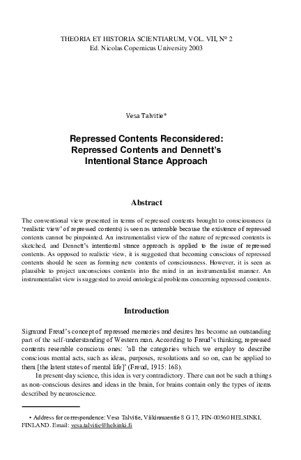 (PDF) Repressed Contents Reconsidered:Repressed Contents and Dennett’s ...
