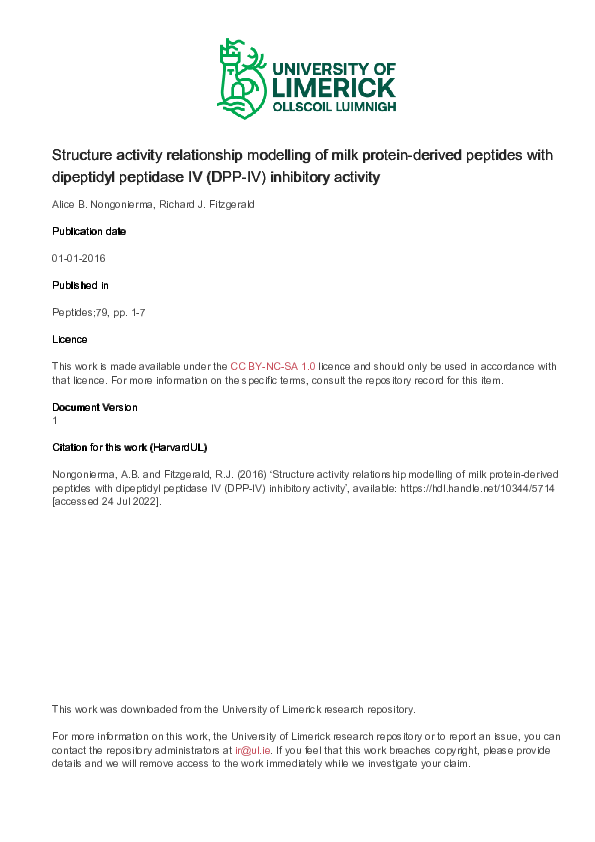 (PDF) Structure activity relationship modelling of milk protein-derived peptides with dipeptidyl ...