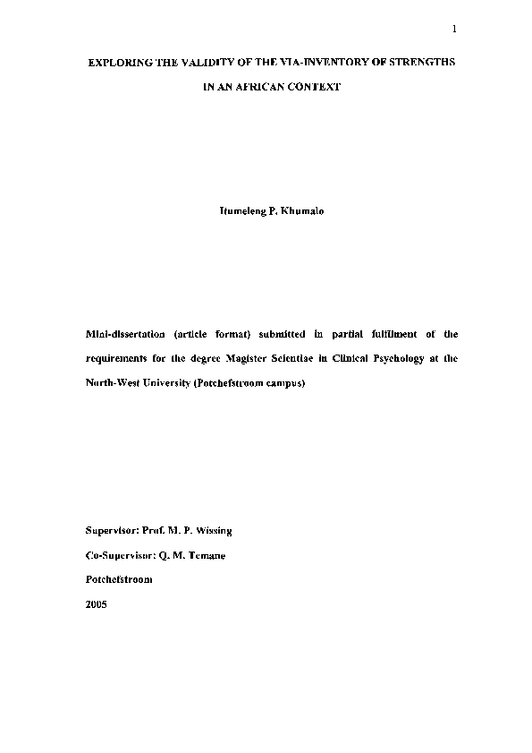 Pdf Exploring The Validity Of The Via Inventory Of Strengths In An African Context