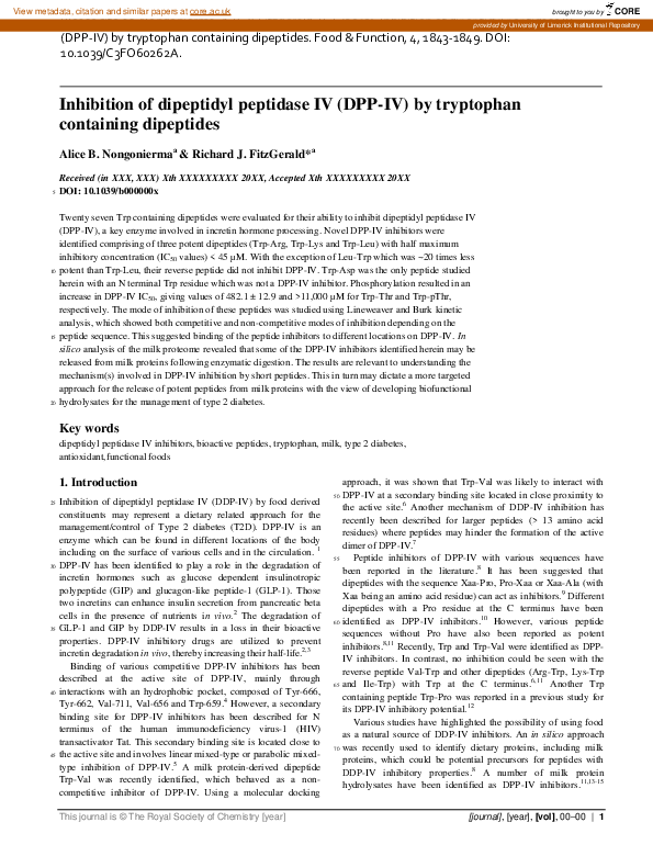 (PDF) Inhibition of dipeptidyl peptidase IV (DPP-IV) by tryptophan ...